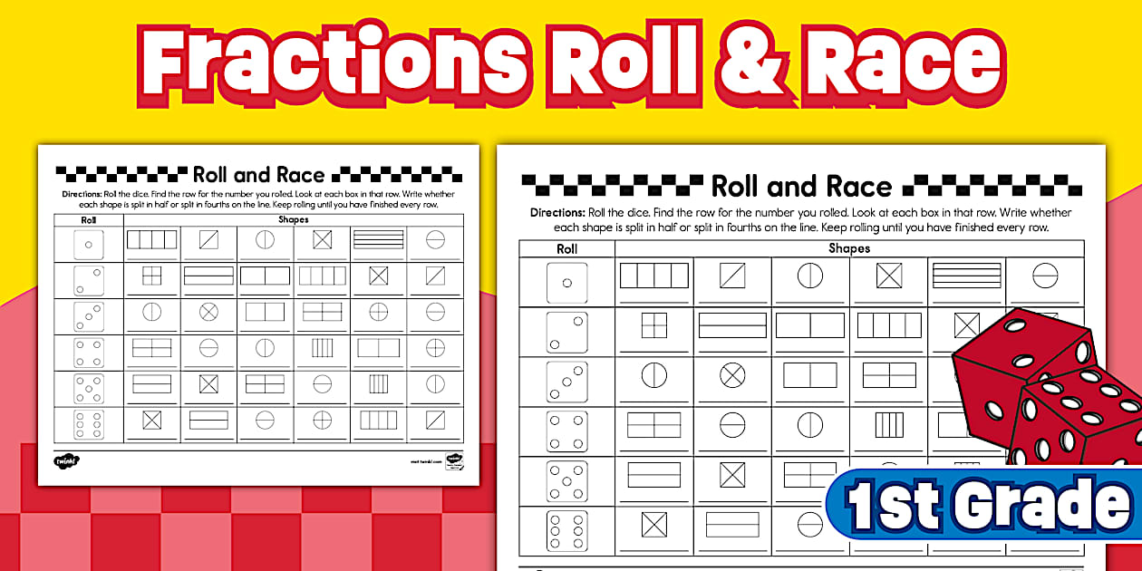 First Grade Fractions Roll and Race Center Activity