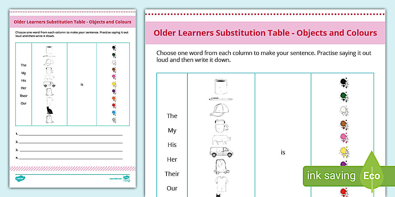 Older EAL Learners Substitution Table - Objects and Colours