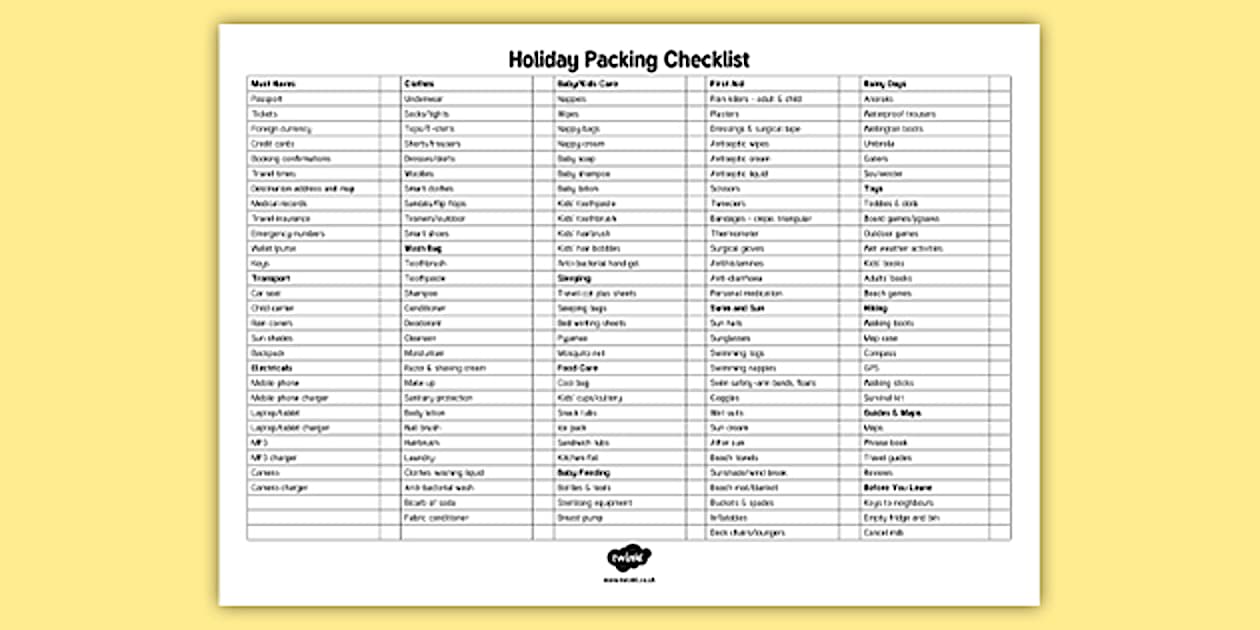 Editable Holiday Packing Checklist (Lehrer gemacht) - Twinkl