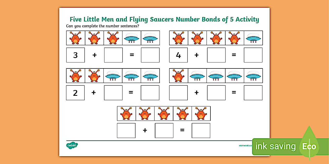 👉 Five Little Men and Flying Saucers Number Bonds to 5 Activity