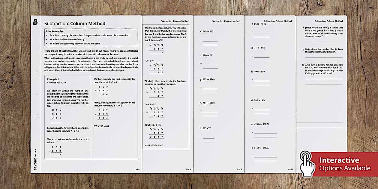 Column Subtraction Walkthrough Worksheet - Beyond Secondary