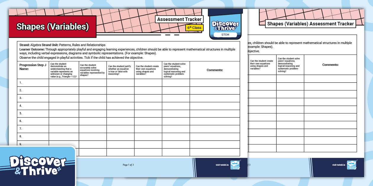 Shapes (Variables) Assessment Tracker 6th Class - Twinkl