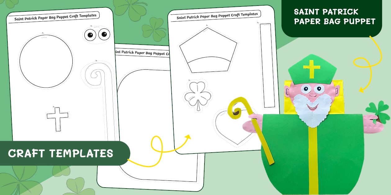 Saint Patrick Paper Bag Puppet Craft Templates