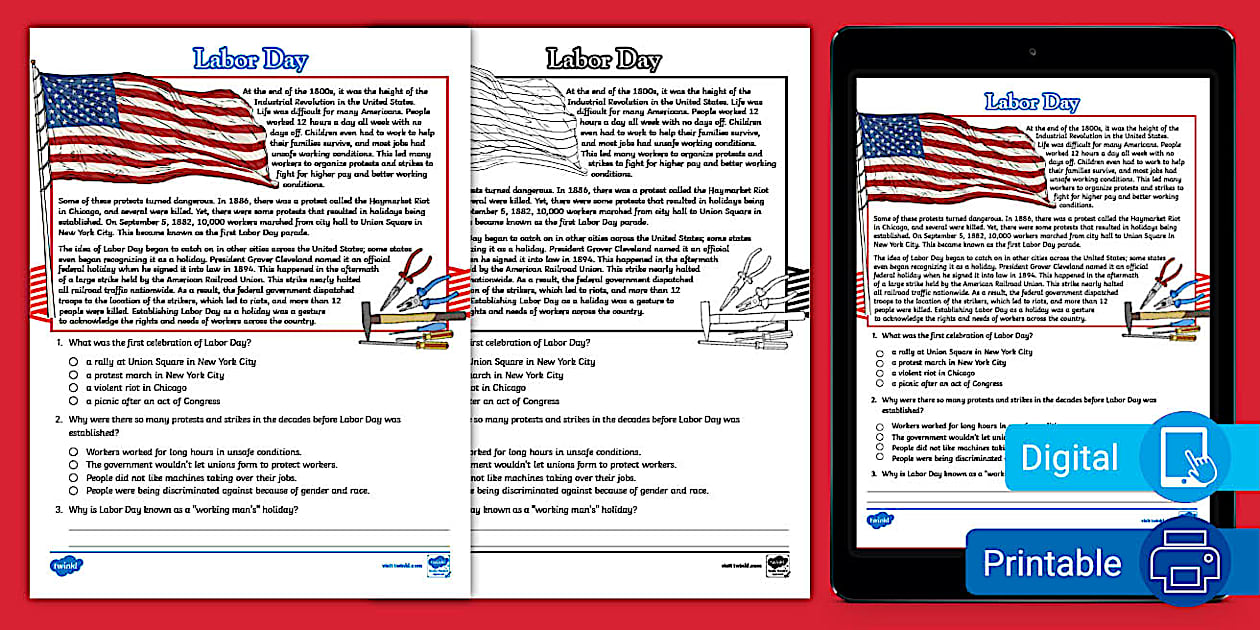 Labor Day Reading Comprehension Worksheet | Twinkl USA