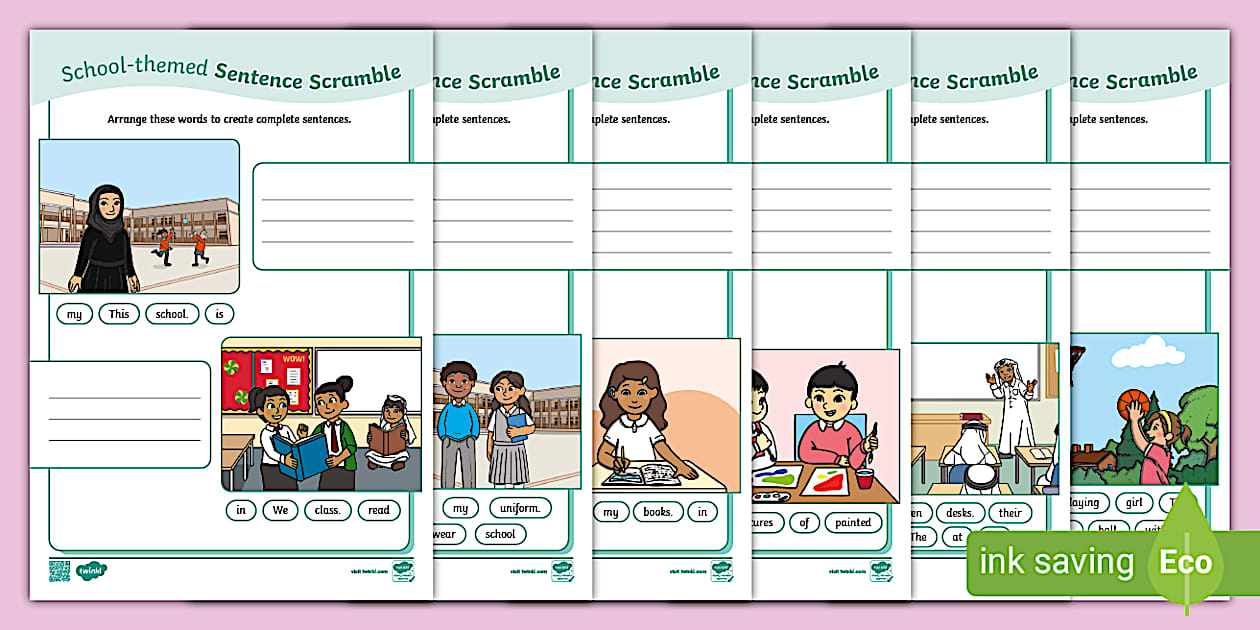 School-themed Sentence Scramble Activity Sheets - Twinkl