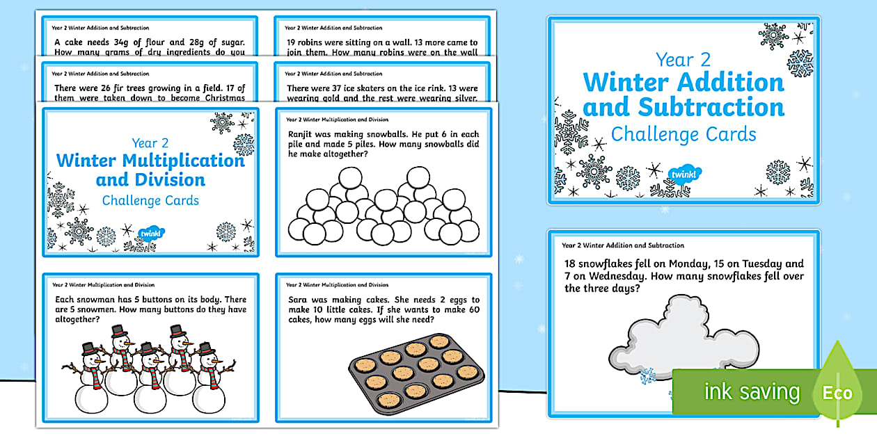 Year 2 Winter Themed Maths Challenge Cards - Twinkl