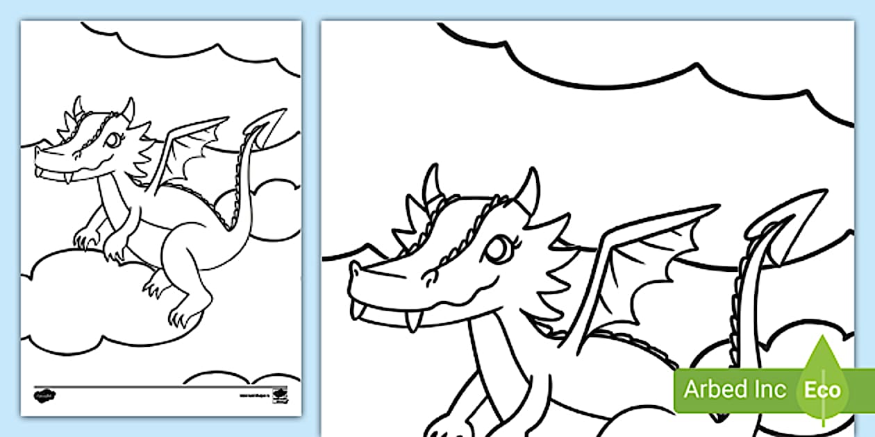 Cartoon Welsh Dragon - Tanwen Flying Colouring Page - Twinkl