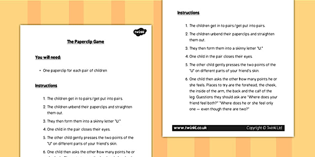 My Senses: Touch Paperclip Game Instructions (teacher made)