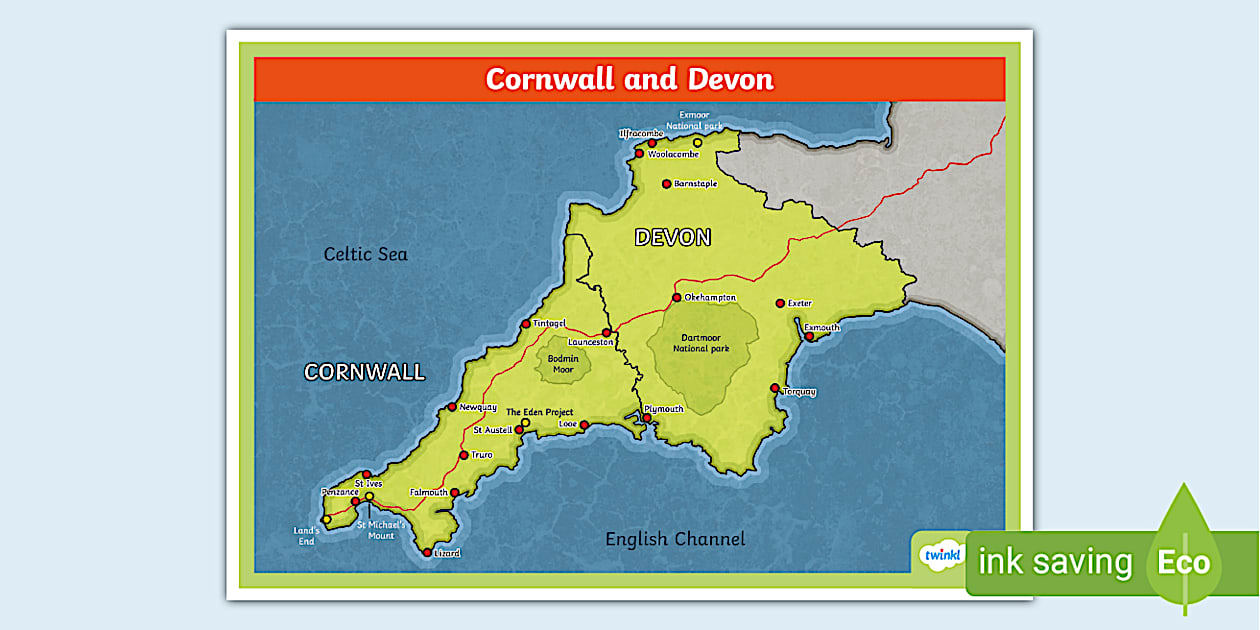 Cornwall and Devon Map - Twinkl - Geography - Twinkl