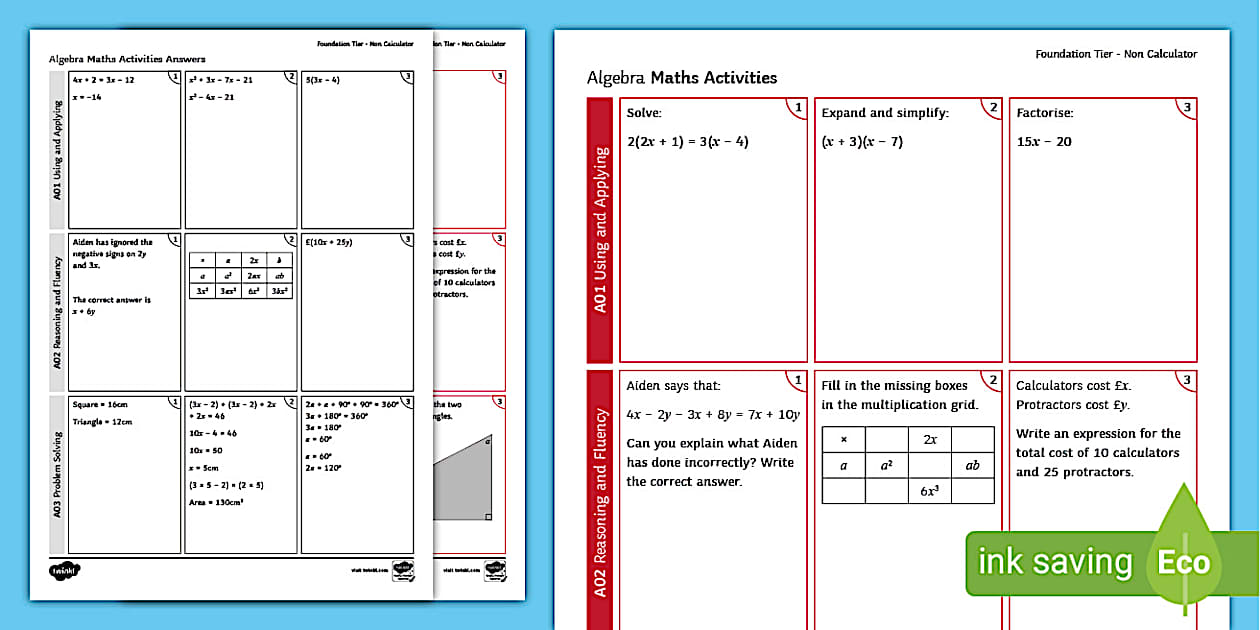 Foundation: Algebra (Non-Calculator) Revision Activity Mat - Secondary ...