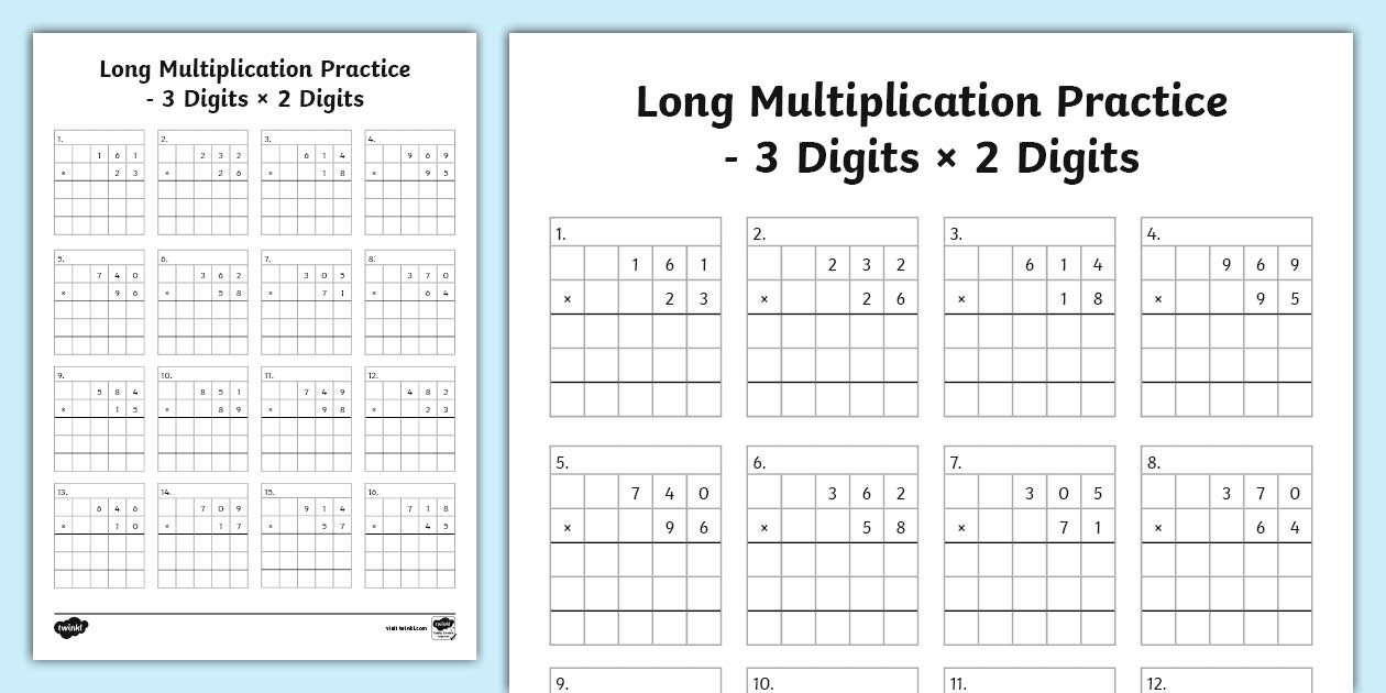 Editable Long Multiplication Worksheet - 3 Digits x 2 Digits