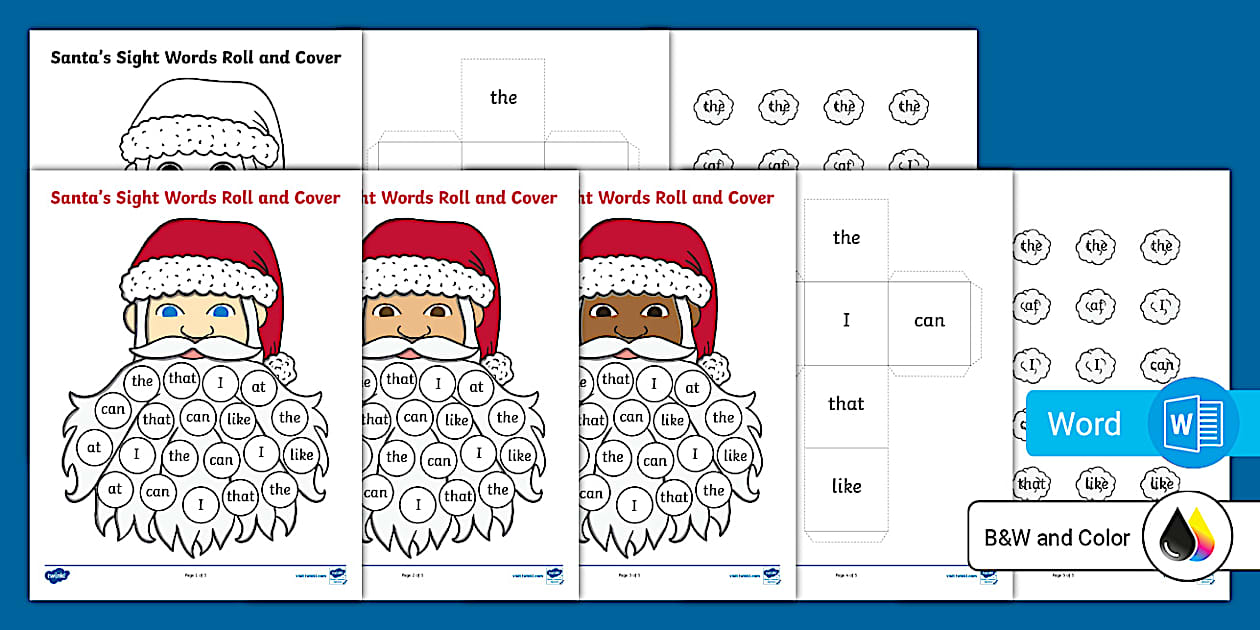 Editable Santa's Sight Words Roll and Cover Worksheet