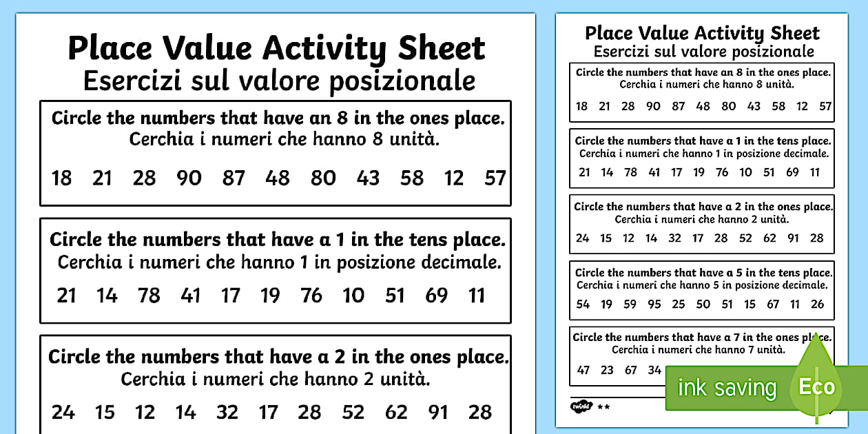 Higher Ability Place Value Worksheet 2 Digits English/Italian