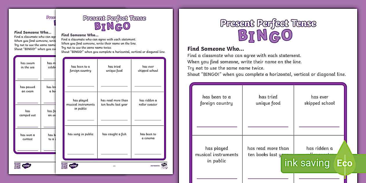 동사의 시제: 현재 완료 빙고 게임 Tense: Present Perfect Tense Bingo