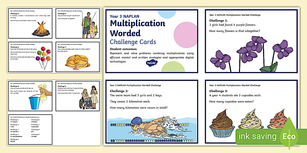 Editable Year 3 NAPLAN multiplication Worded Challenge Cards