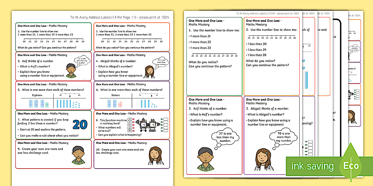 Year 1 One More and One Less Maths Mastery Challenge Sticky Labels