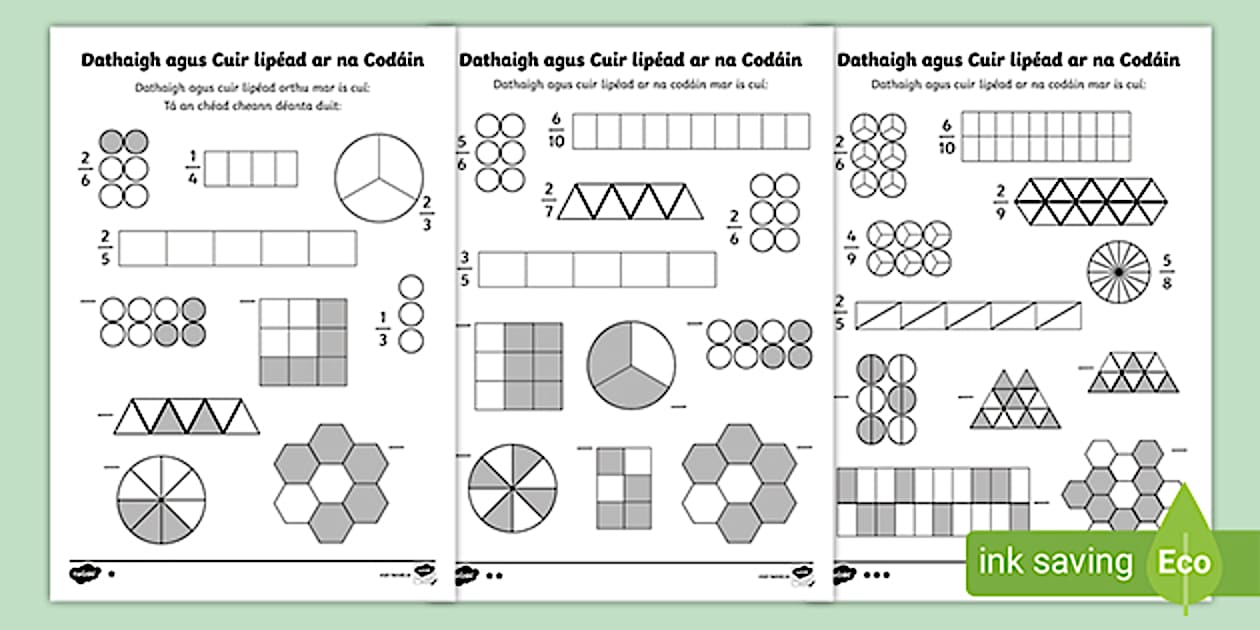 Colour and Label Fractions Worksheet Gaeilge (teacher made)