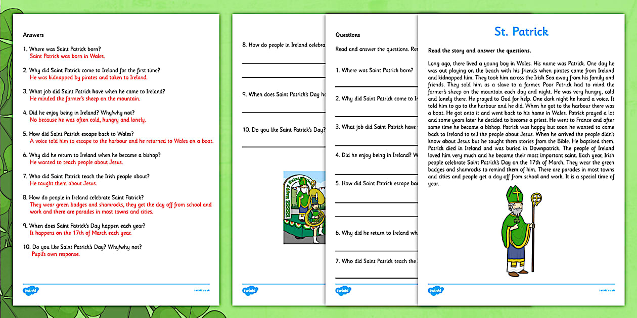 Saint Patrick Comprehension Activity First and Second Class