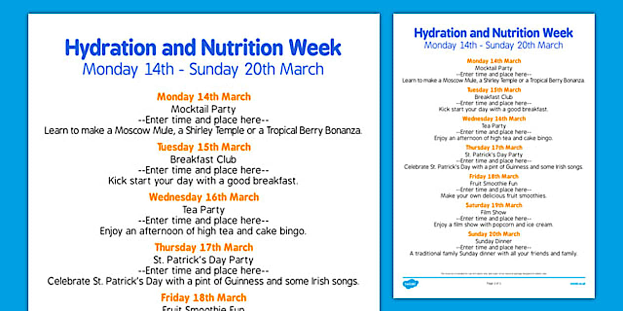 Black and White Elderly Care Hydration and Nutrition Week Plan