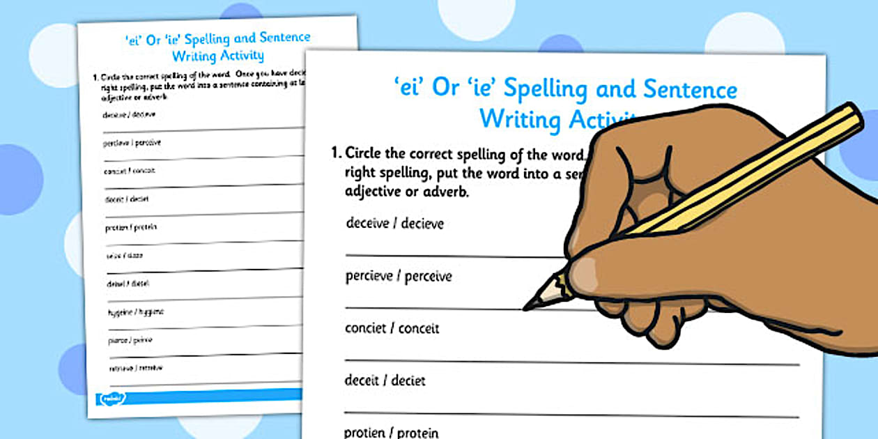 Black and White 'ei' or 'ie' Spelling and Sentence Writing Activity