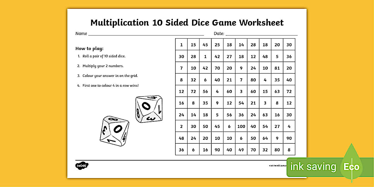 Multiplication 10 Sided Dice Game Worksheet (teacher made)