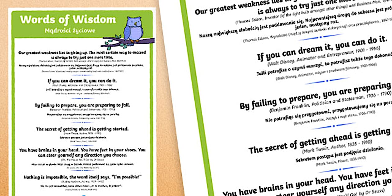 Words of Wisdom Display Poster Polish Translation - Twinkl