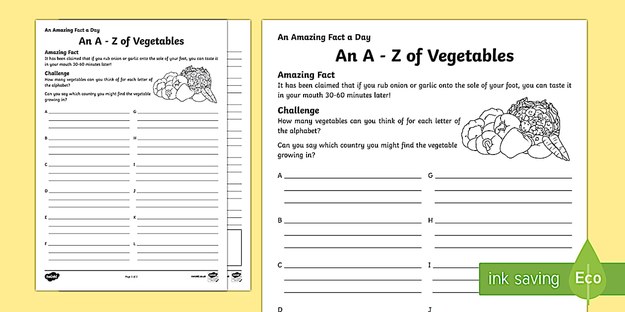 Editable An A-Z of Vegetables Worksheet - Twinkl