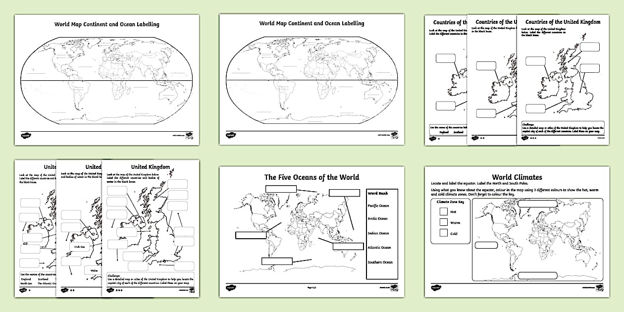 Continents, Oceans and Countries Map Labelling Pack - Twinkl
