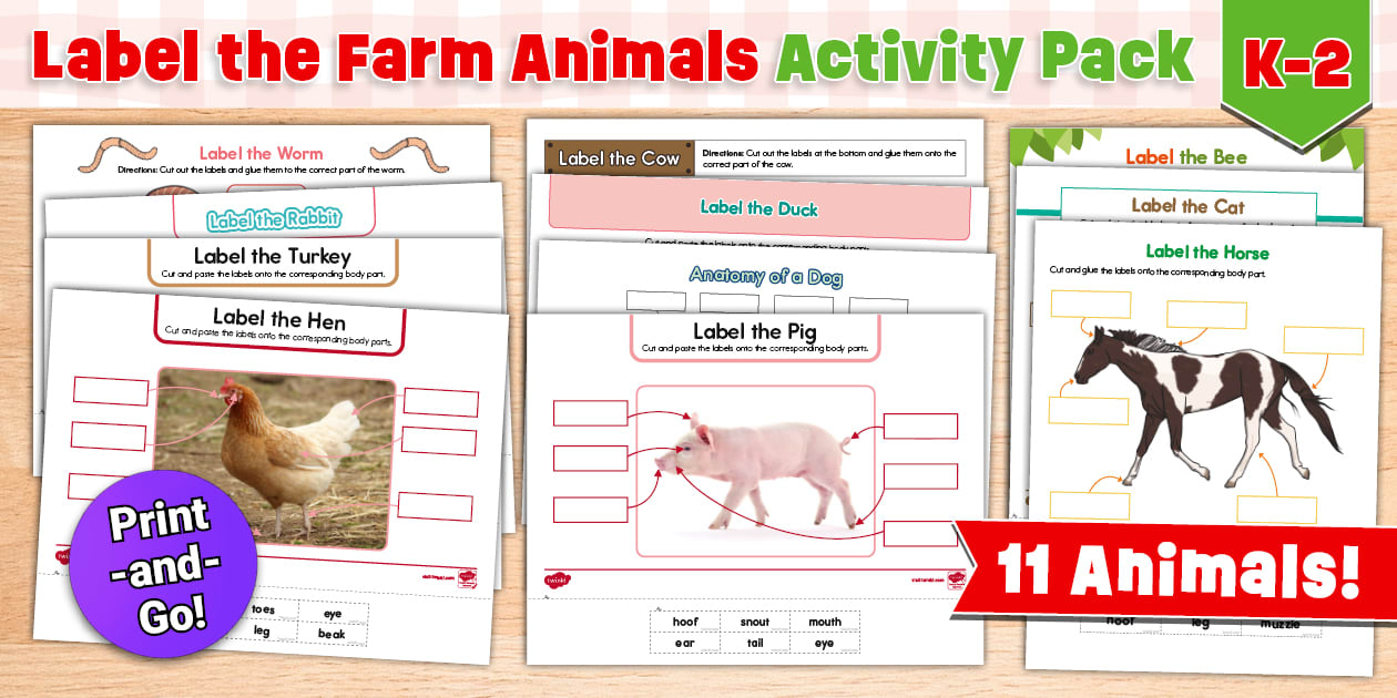 Label the Farm Animals Cut and Paste Activity Pack - Twinkl