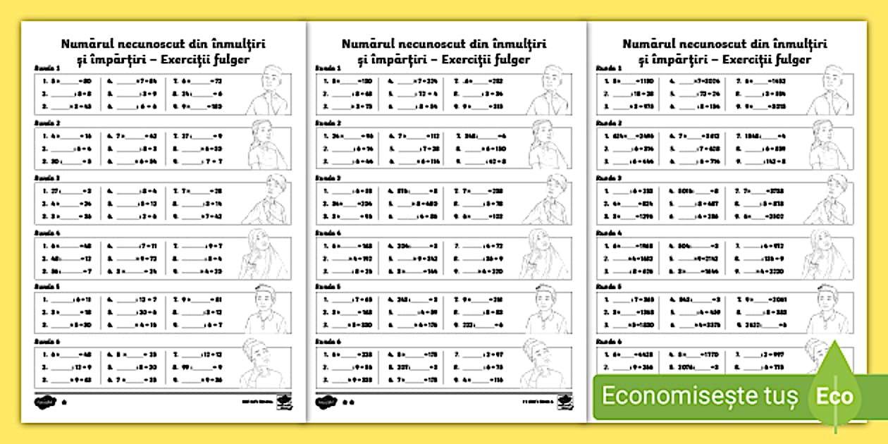 Numărul necunoscut din înmulțiri și împărțiri Exerciții