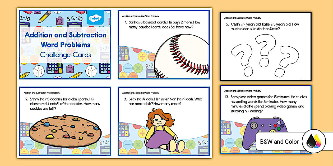 First Grade Addition and Subtraction Word Problem Challenge Cards