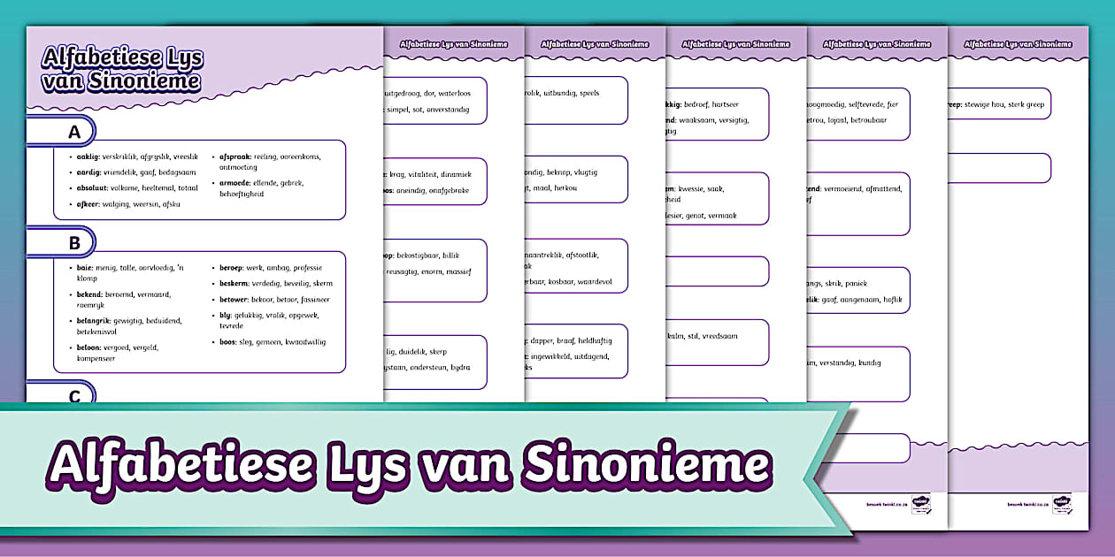 Alfabetiese Lys van Sinonieme | Twinkl Suid-Afrika