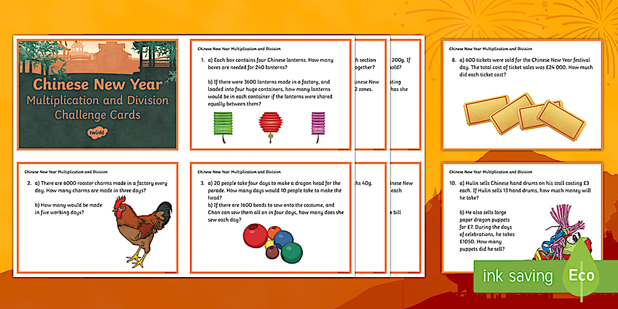 Chinese New Year Multiplication and Division Maths Challenge Cards