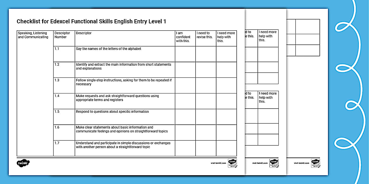 English Functional Skills Entry Level 1 Checklist - Twinkl