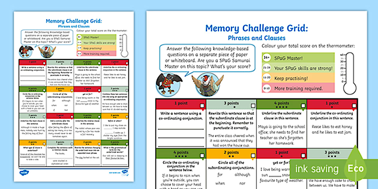 Year 6 SPaG Retrieval Working Memory Challenge Grid: Phrases and Clauses