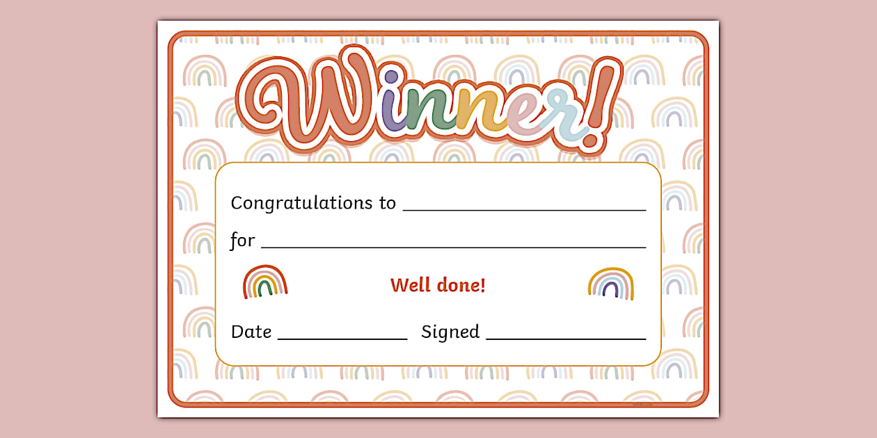Muted Rainbow-Themed Winner Certificate (teacher made)
