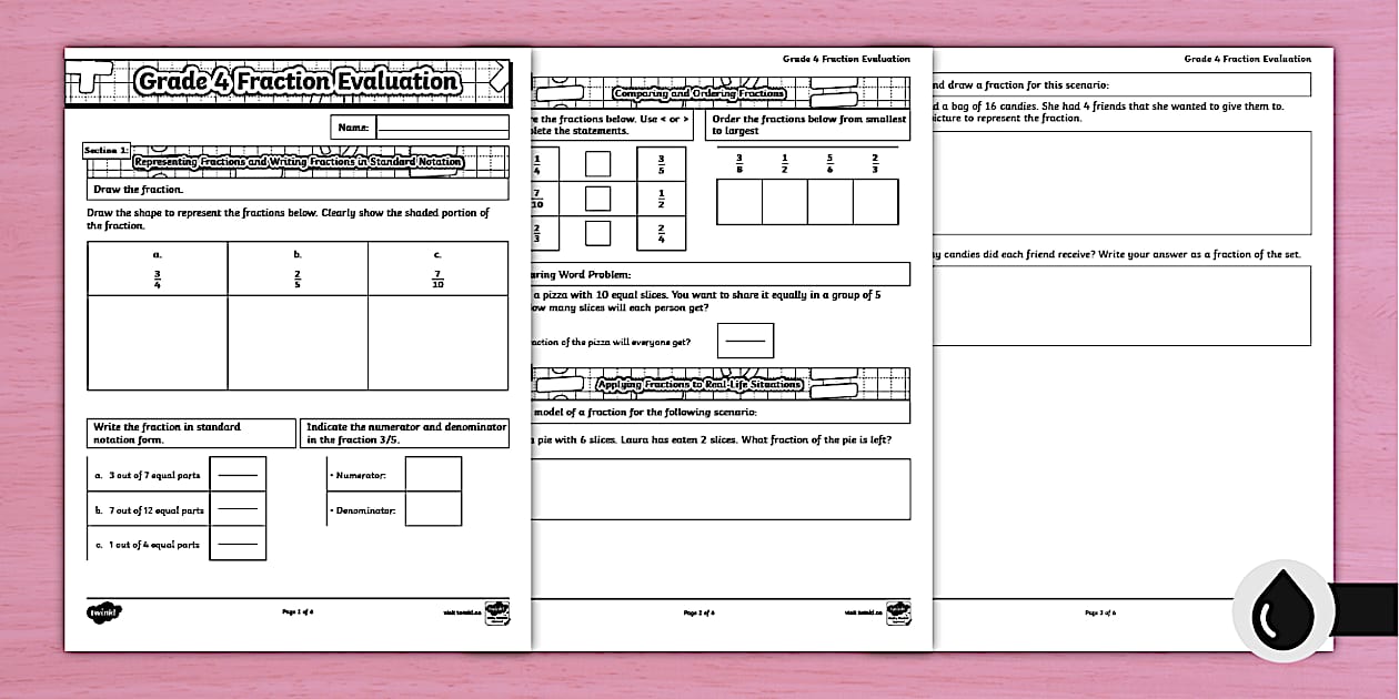 Grade 4 Fraction Evaluation (teacher made) - Twinkl