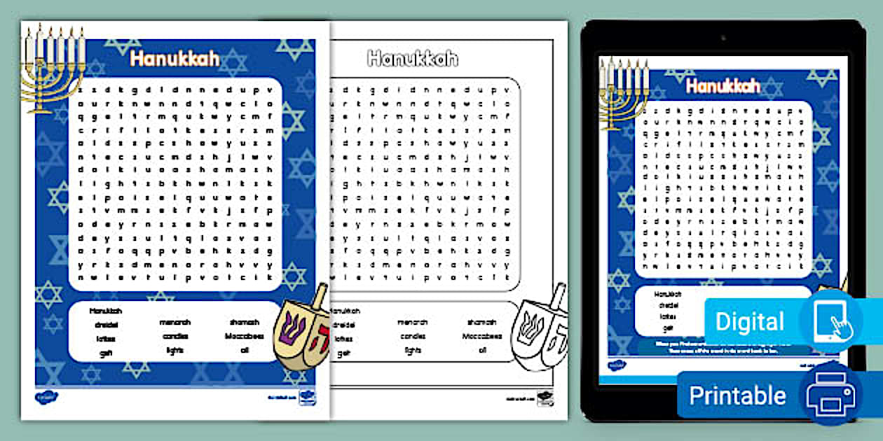 Symbols of Hanukkah Word Search Worksheet | Printable Puzzle