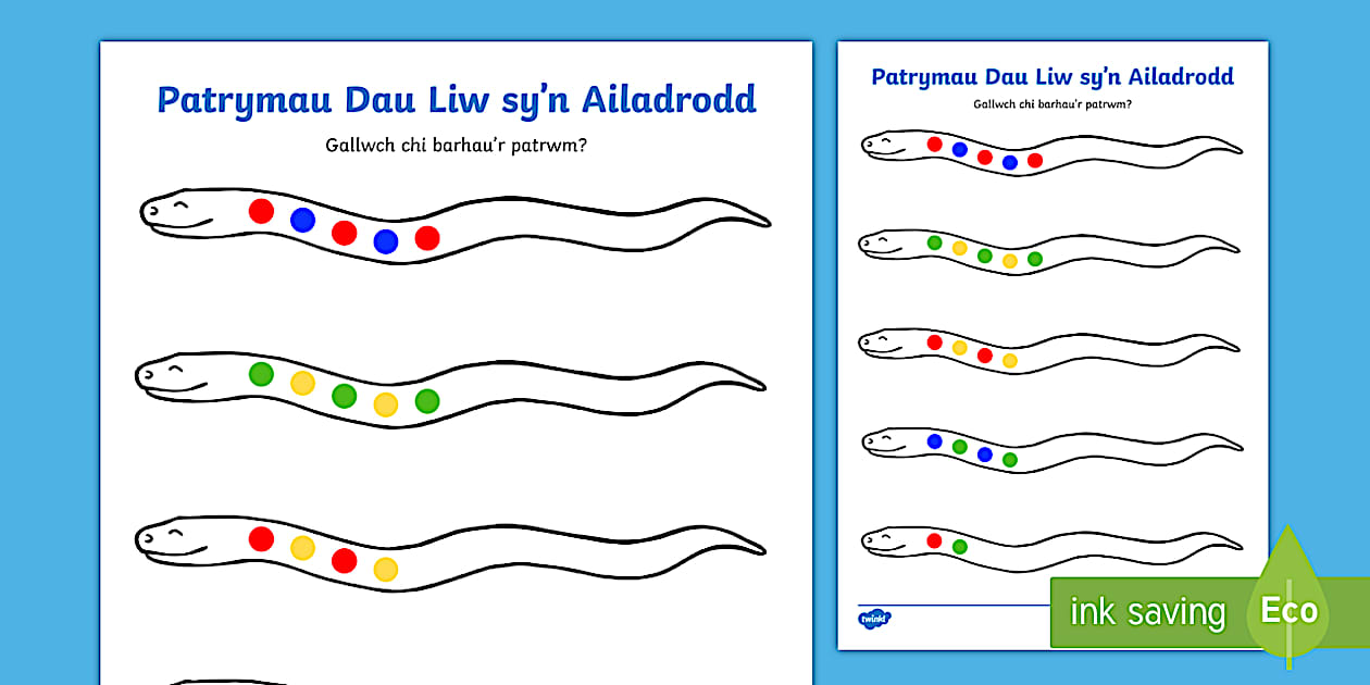 Taflen Waith Patrymau Sy'n Ailadrodd Gan Ddefnyddio Dau Liw