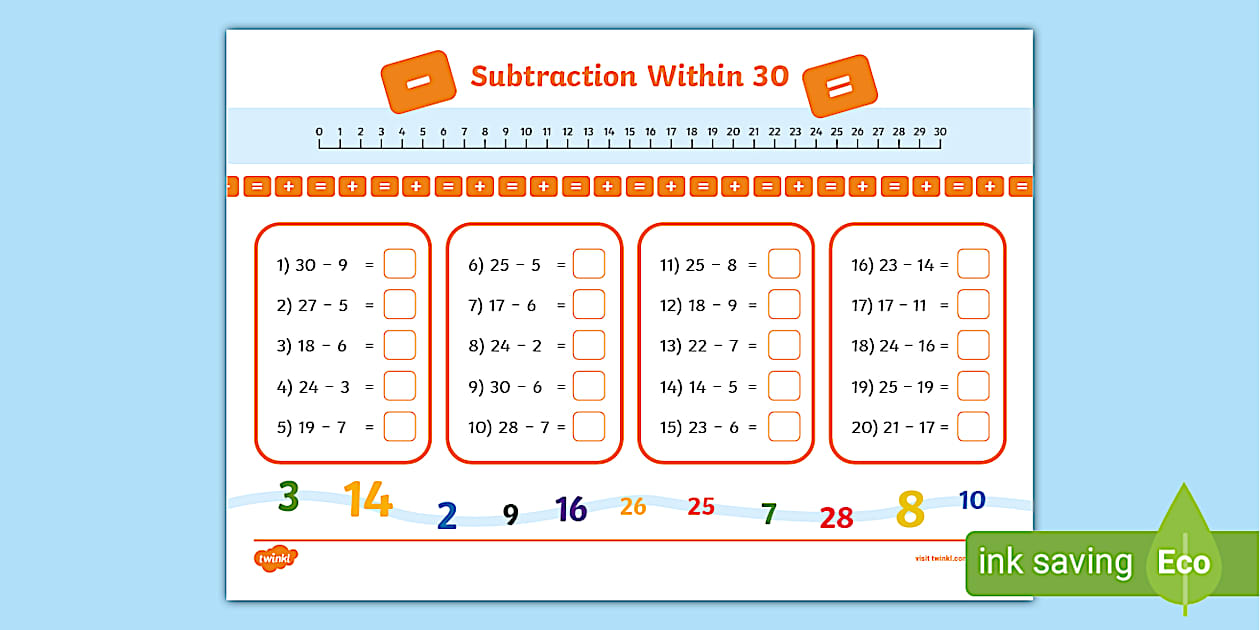 Subtraction Within 30 Worksheet - Twinkl