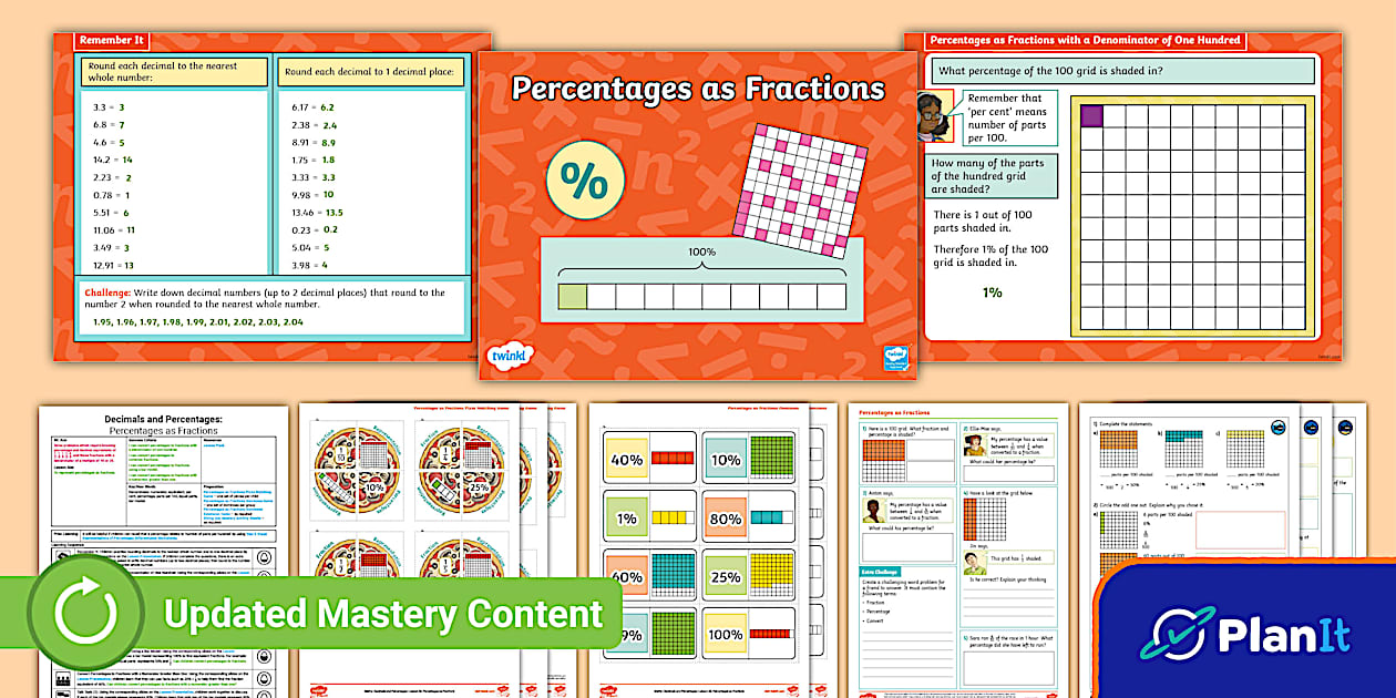 Y5 PlanIt Maths Lesson 36 Percentages as Fractions - Twinkl