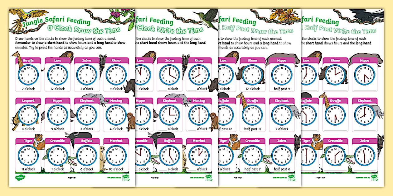 Jungle Safari Feeding Time - O'Clock and Half Past - Twinkl