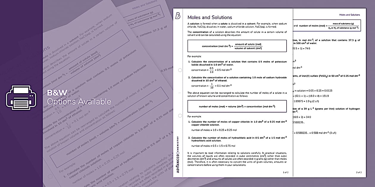 Moles and Solutions Information Sheet (teacher made)