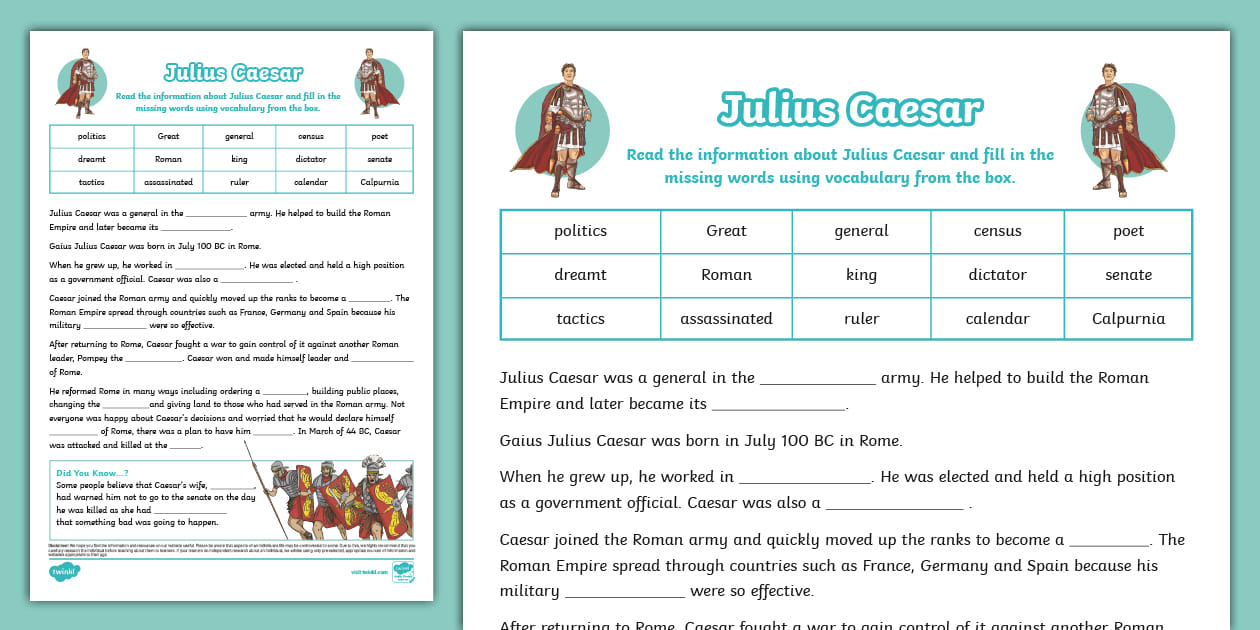 Julius Caesar Cloze Worksheet (teacher made) - Twinkl