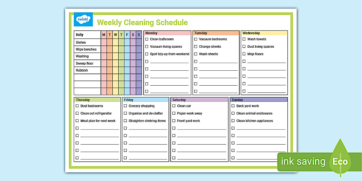 Pre-Filled Weekly Home Cleaning Schedule
