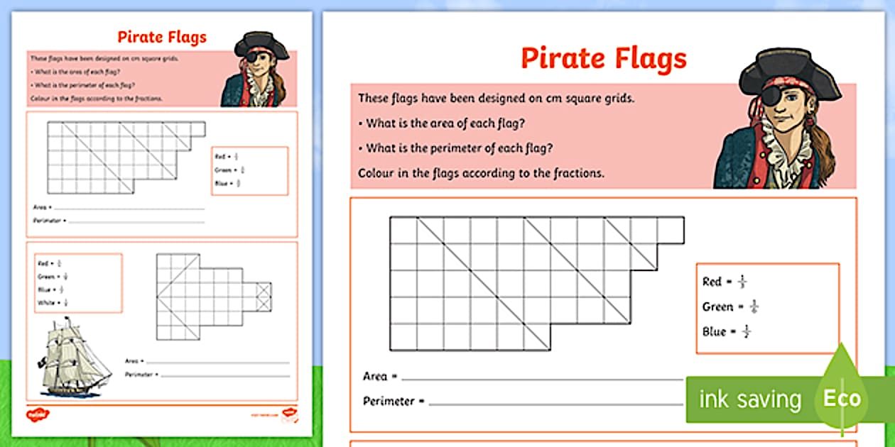 KS2 Summer-Themed Pirate Flags Fractions Worksheet - Twinkl