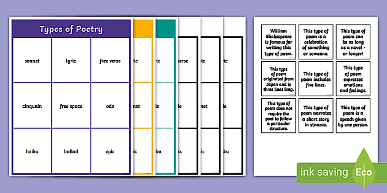 Types of Poetry Bingo | Games | Poetry | ELA Unit | Twinkl