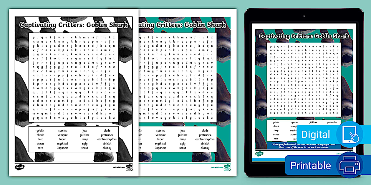 Goblin Shark Word Search Worksheet for 8th Grade | Twinkl USA