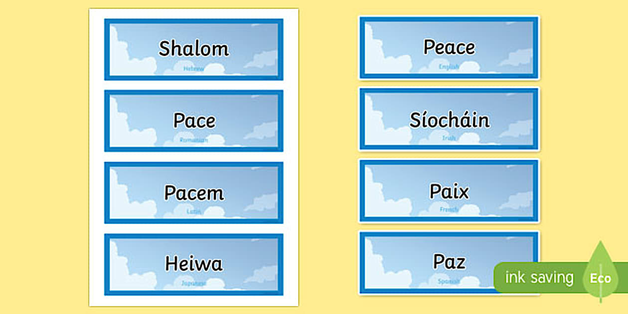 Cursive Peace in Different Languages Word Cards - Twinkl