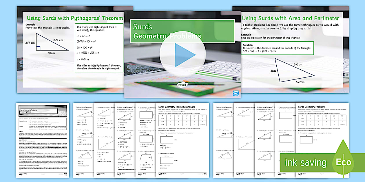 GCSE Maths Surds Lesson 3: Geometry Problems (teacher made)